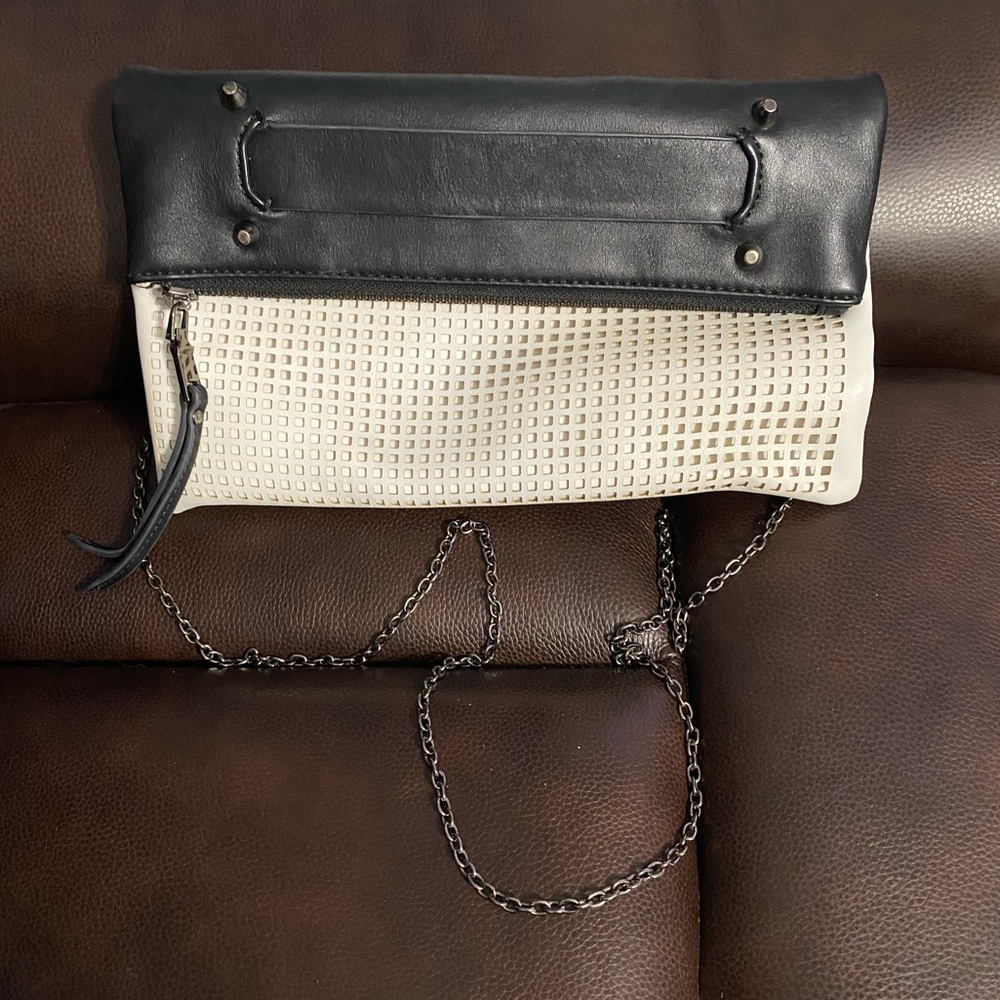 Laser Cut Black & White Vegan Leather Fold Over Clutc… - Gem